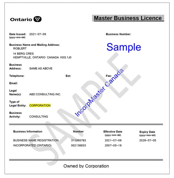 Ontario Business Name Registration (Master Business Licence) – IncorpMaster