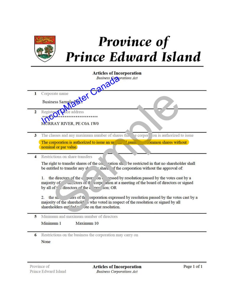 PEI Samples: Articles of Incorporation – IncorpMaster